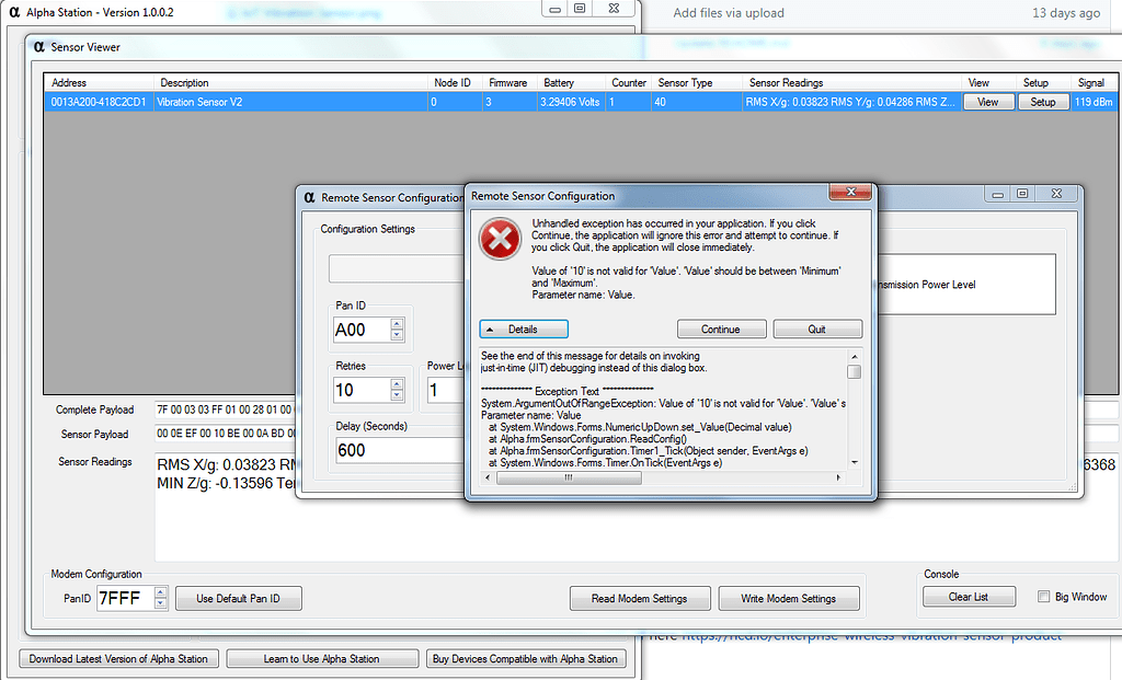 Enterprise Wireless Vibration Sensor and Alpha Station v1.0.0.2 Error ...